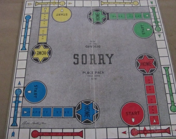 Vintage Sorry Game Board, 1950's Parker Brothers Sorry Cardboard Game ...