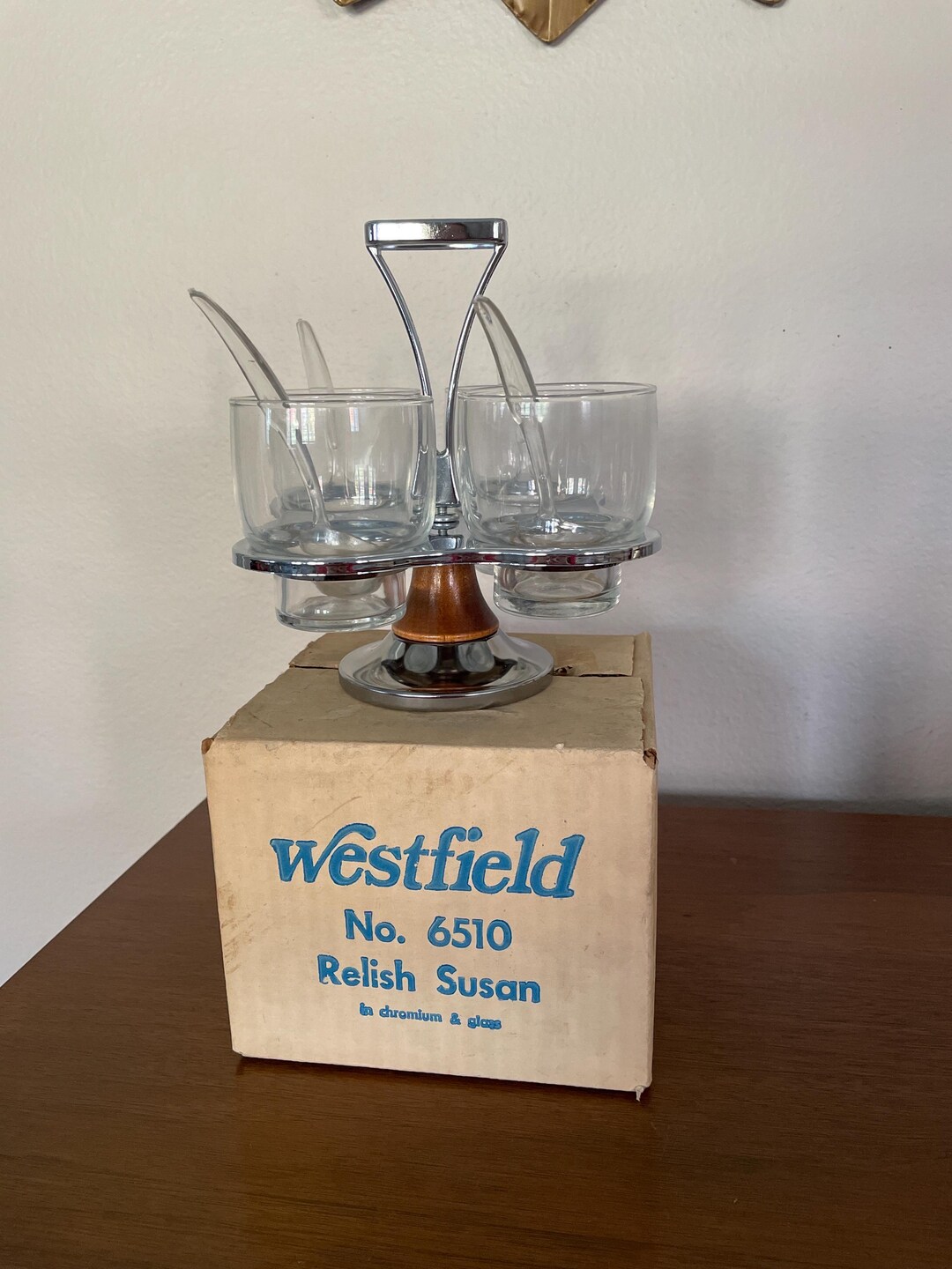 Vintage Condiment Set, 1970s Westfield Relish Susan, Chrome and Glass ...
