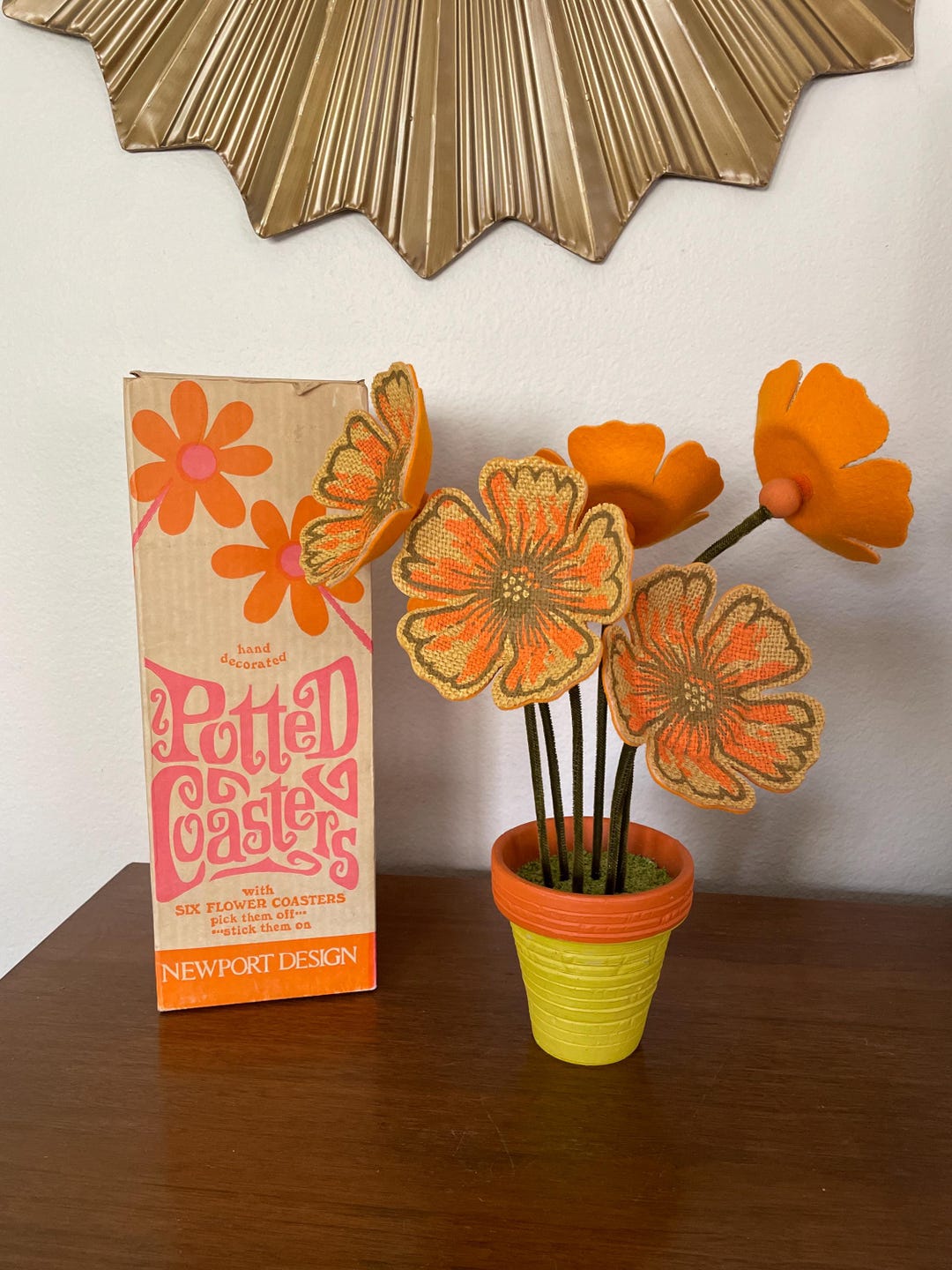 Vintage Coaster Set, 1970's Newport Design Potted Coasters, Burlap Mod ...