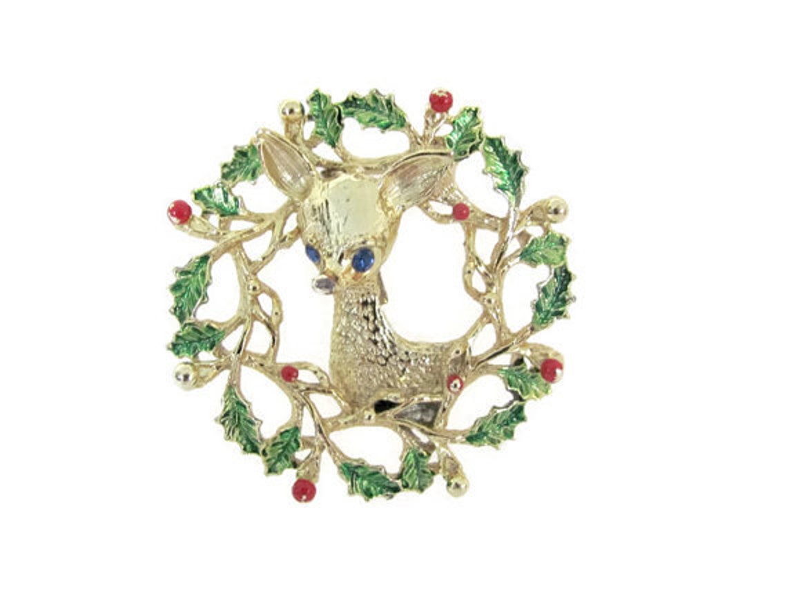 Vintage Christmas Reindeer Brooch, 1960's Gerry's Reindeer in Wreath ...
