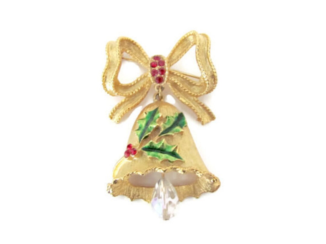 Vintage Christmas Brooch, 1960's Corel Christmas Bell Brooch, Gold Bell ...