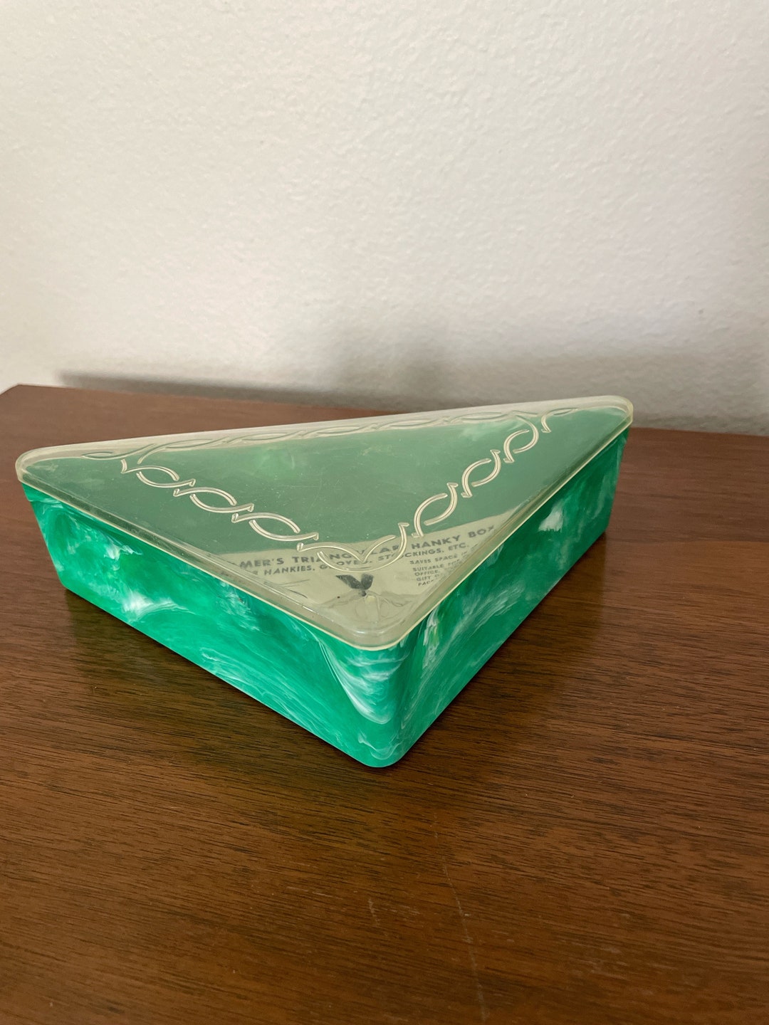 Vintage Plastic Trinket Box, 1960's Hommer's Hanky Box, Triangular ...