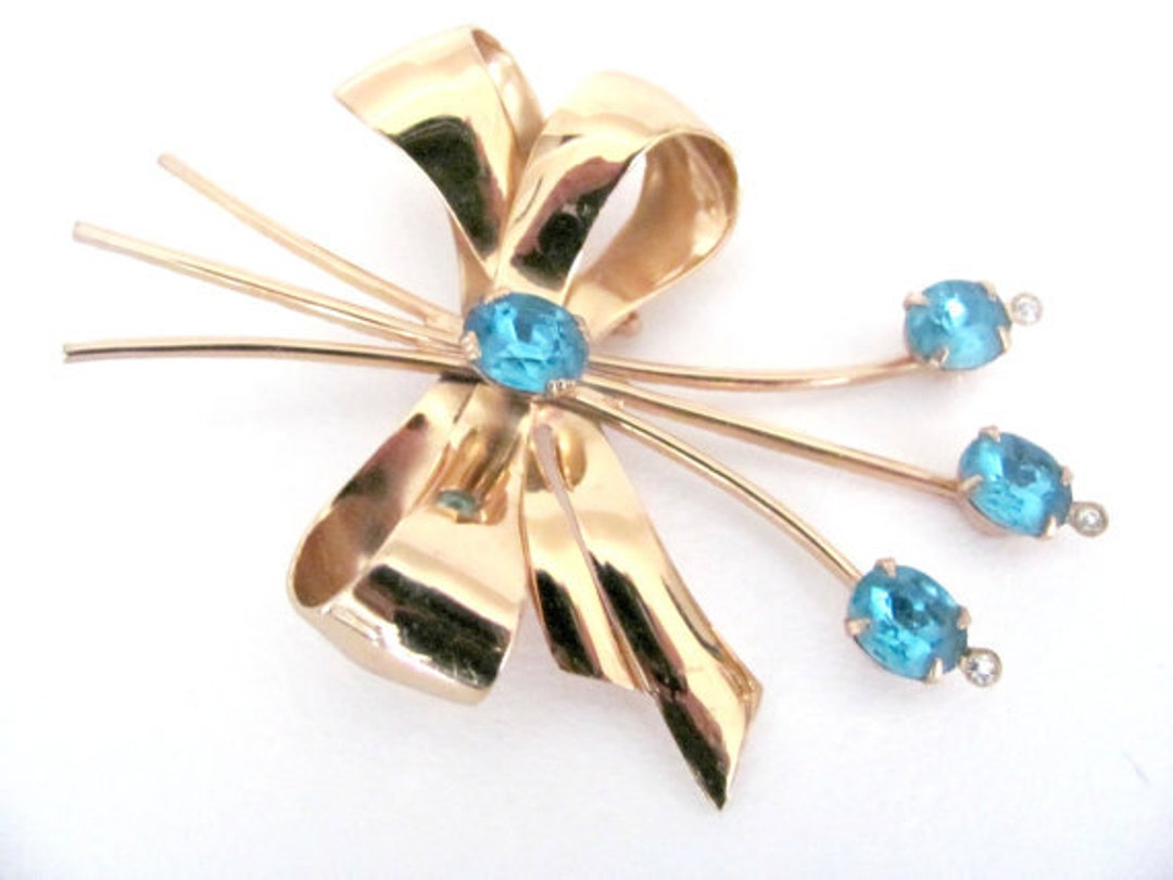 Vintage Aqua Blue Brooch, 1960's Coro Brooch, Coro Gold Bow, Rhinestone ...