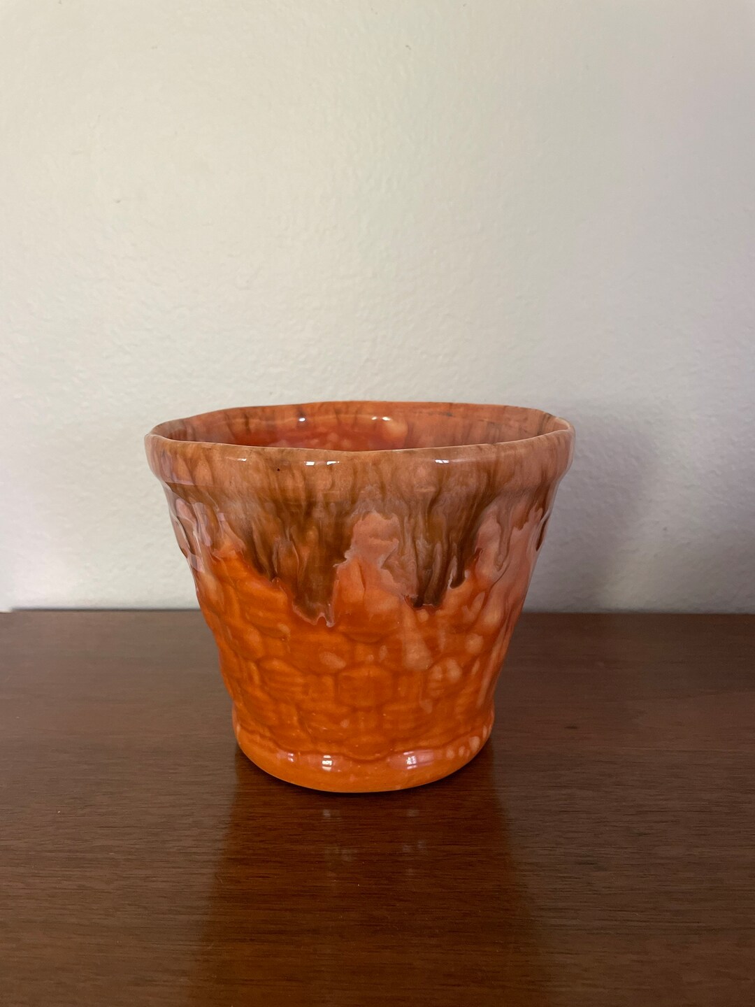 Vintage Orange Planter Pot, 1960's NOS Pottery Drip Glaze Planter Pot ...