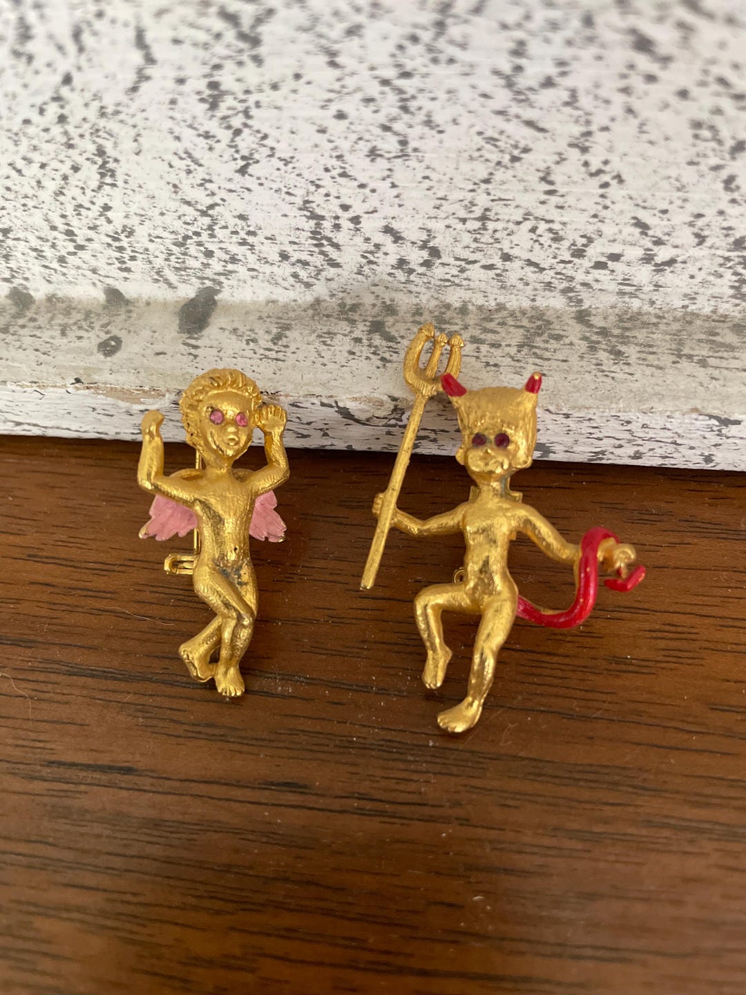 Vintage Angel and Devil Brooches, Pins, 1960's Gold Angel and Devil ...