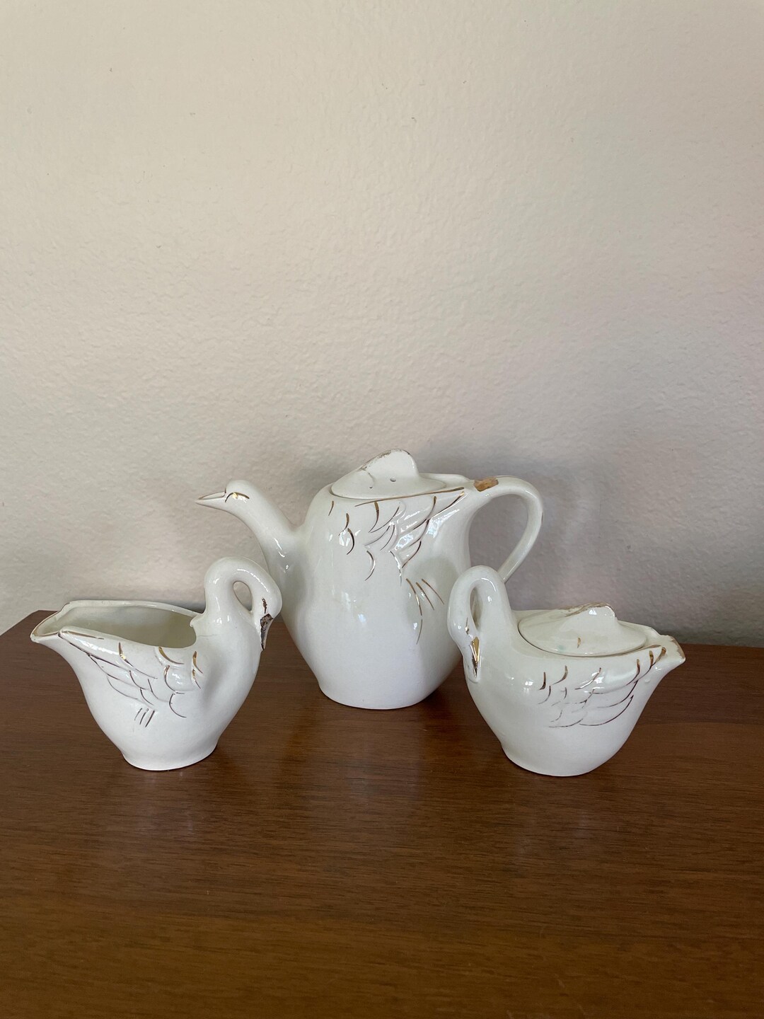 Vintage Swan Teapot Set, 1960's Ceramic Swan Teapot, Creamer, and Sugar ...