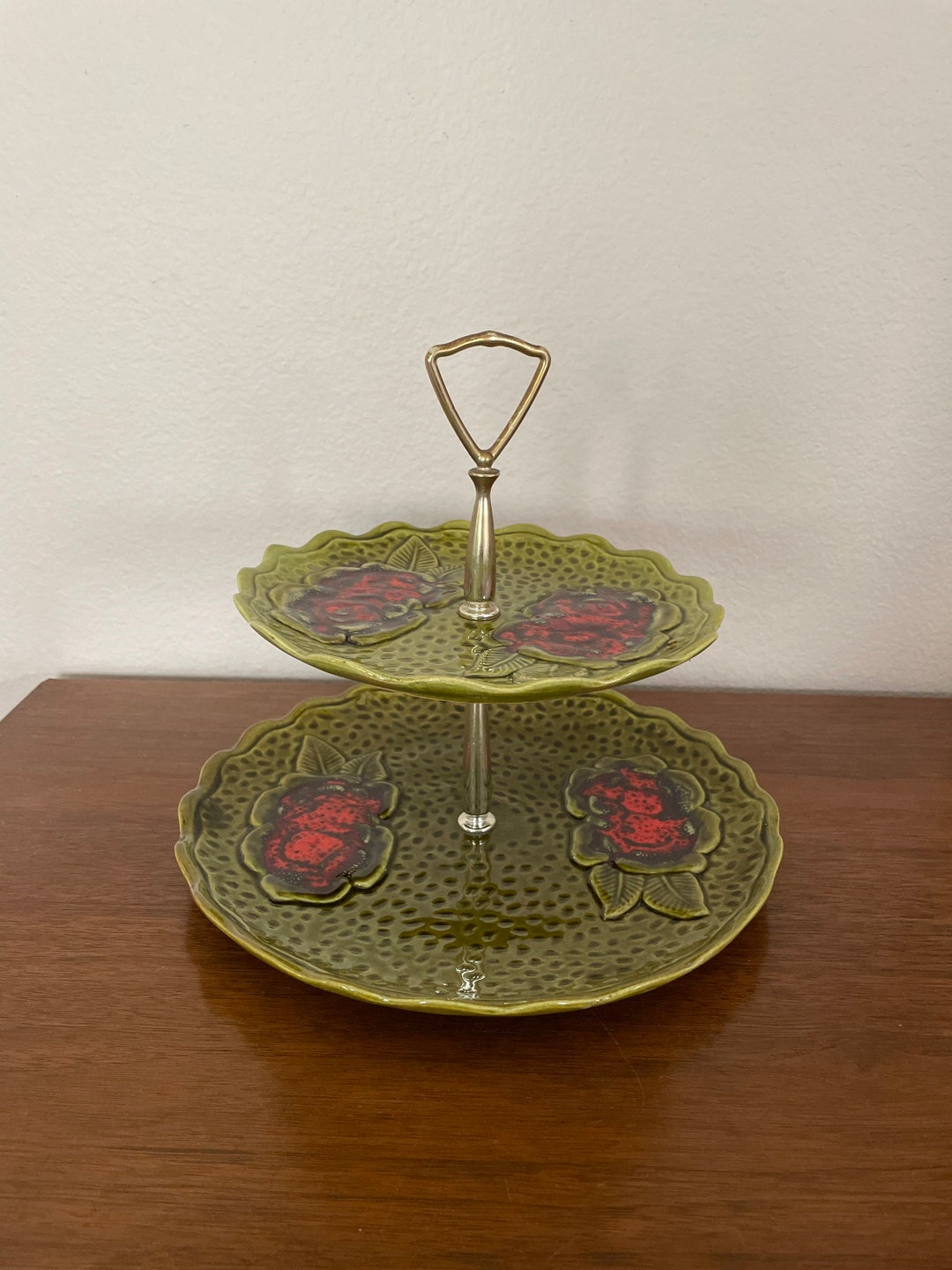 Vintage Green, Rose Tidbit Dish, 1960's California USA Pottery Two Tier ...