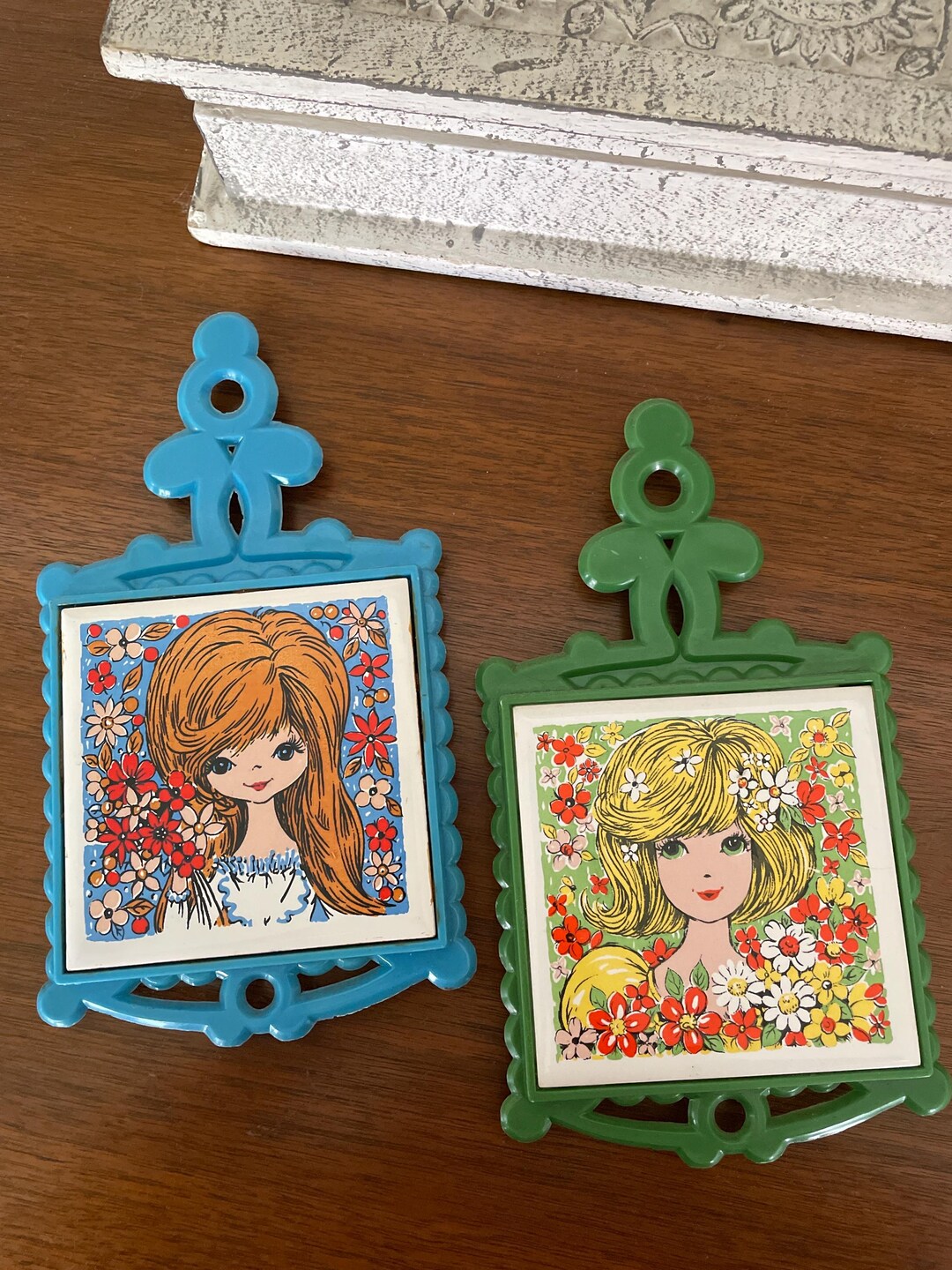 Vintage Tile Trivets, 1960's Mod Flower Hippie Girl Trivet, Plastic ...
