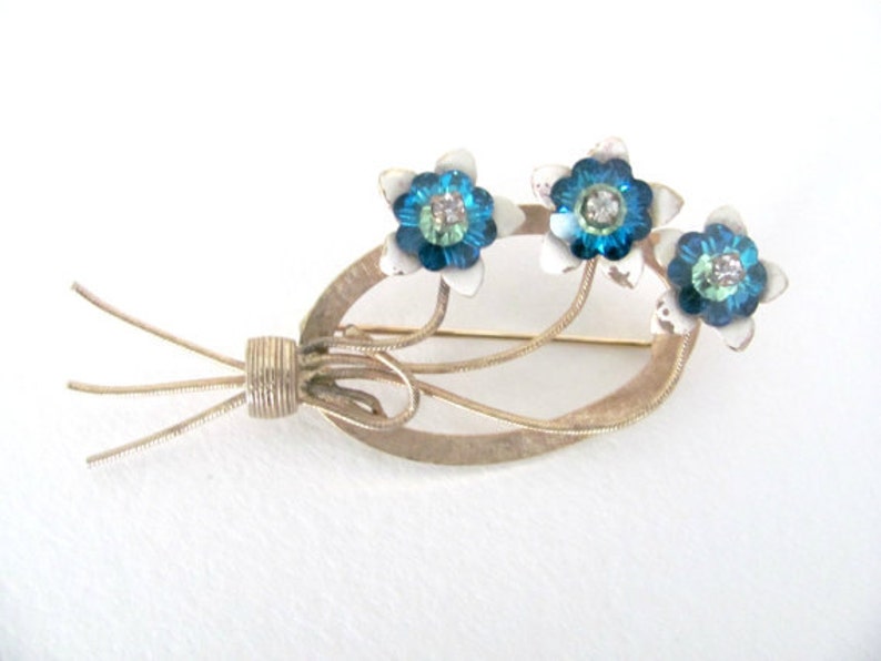 Vintage Blue Flower Brooch, 1960's Enamel Flower Brooch, Rivoli Flower ...