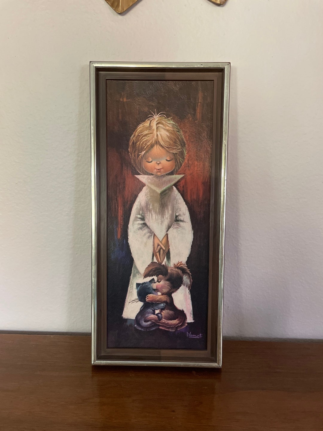 Vintage I. Vemet Boy Picture, Framed Litho Print, 1960's Vemet Boy With ...
