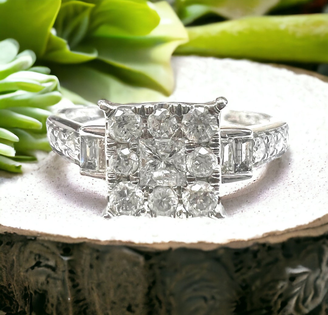 Square Diamond Cluster Ring in 10 Karat White Gold - Etsy