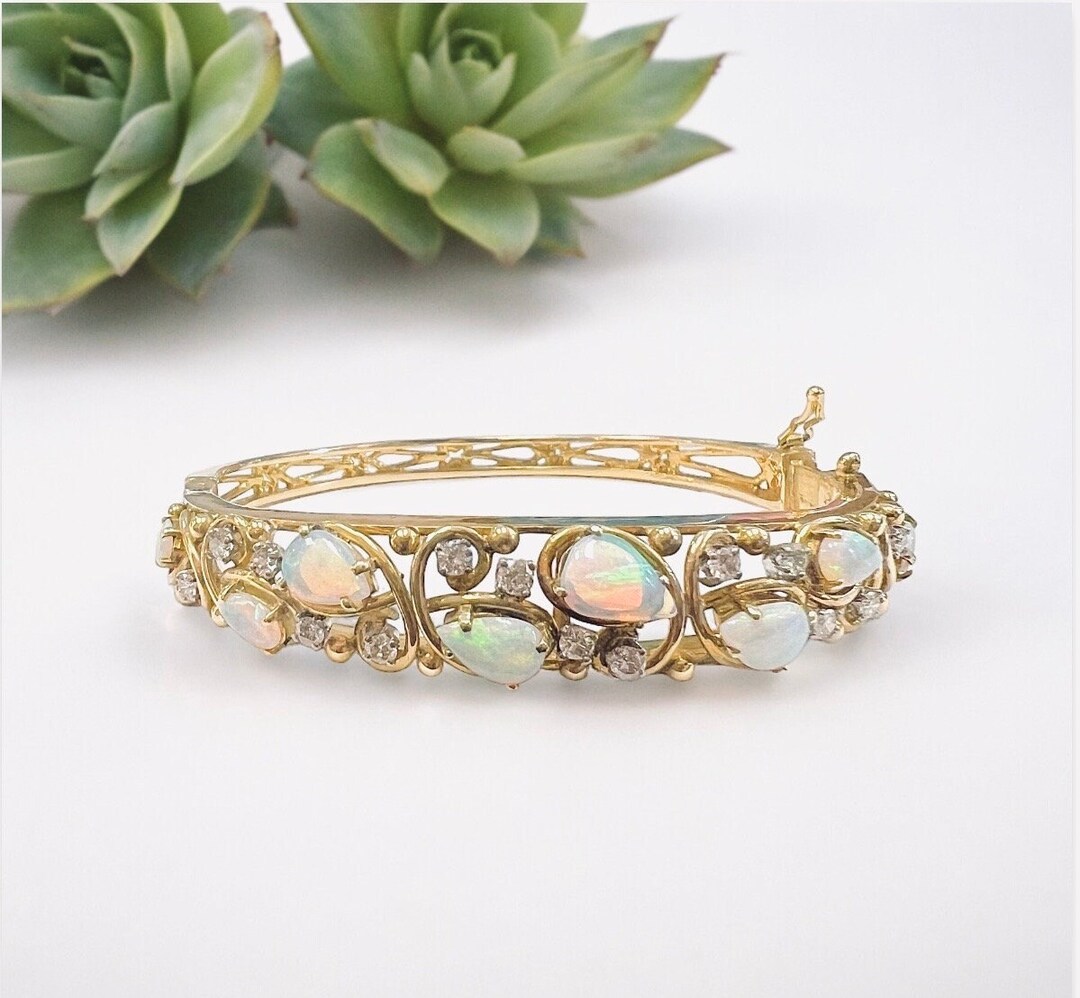 1970s Vintage Bangle With Opals and Diamonds in 14 Karat Yellow Gold - Etsy