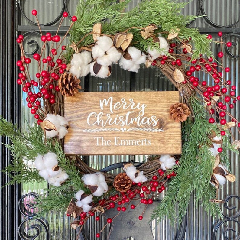 Rustic Christmas Wreath Sign Personalized Christmas Sign Merry | Etsy
