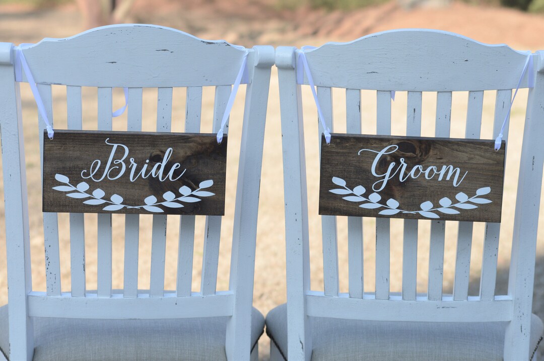 Rustic Wedding Chair Signs Bride and Groom Sign Greenery Wedding ...