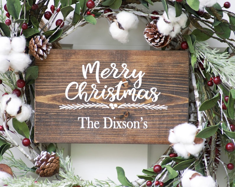 Rustic Christmas Wreath Sign Personalized Christmas Sign Merry | Etsy