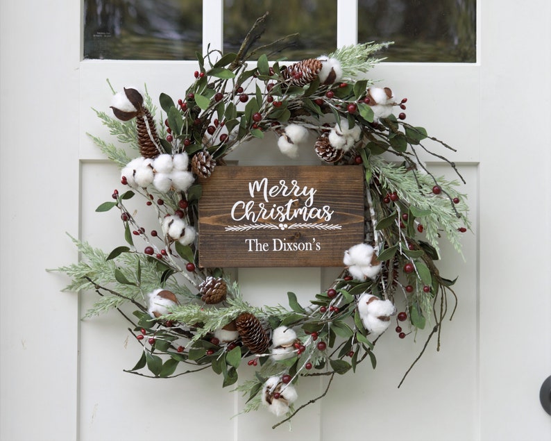 Rustic Christmas Wreath Sign Personalized Christmas Sign Merry | Etsy