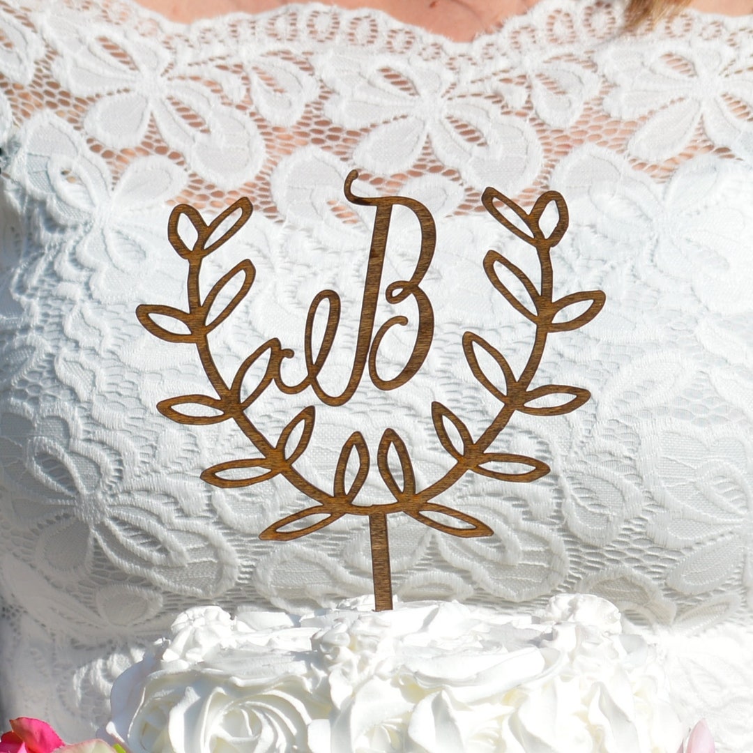 Rustic Cake Topper, Initial Cake Topper, Wooden Cake Topper, Laurel ...