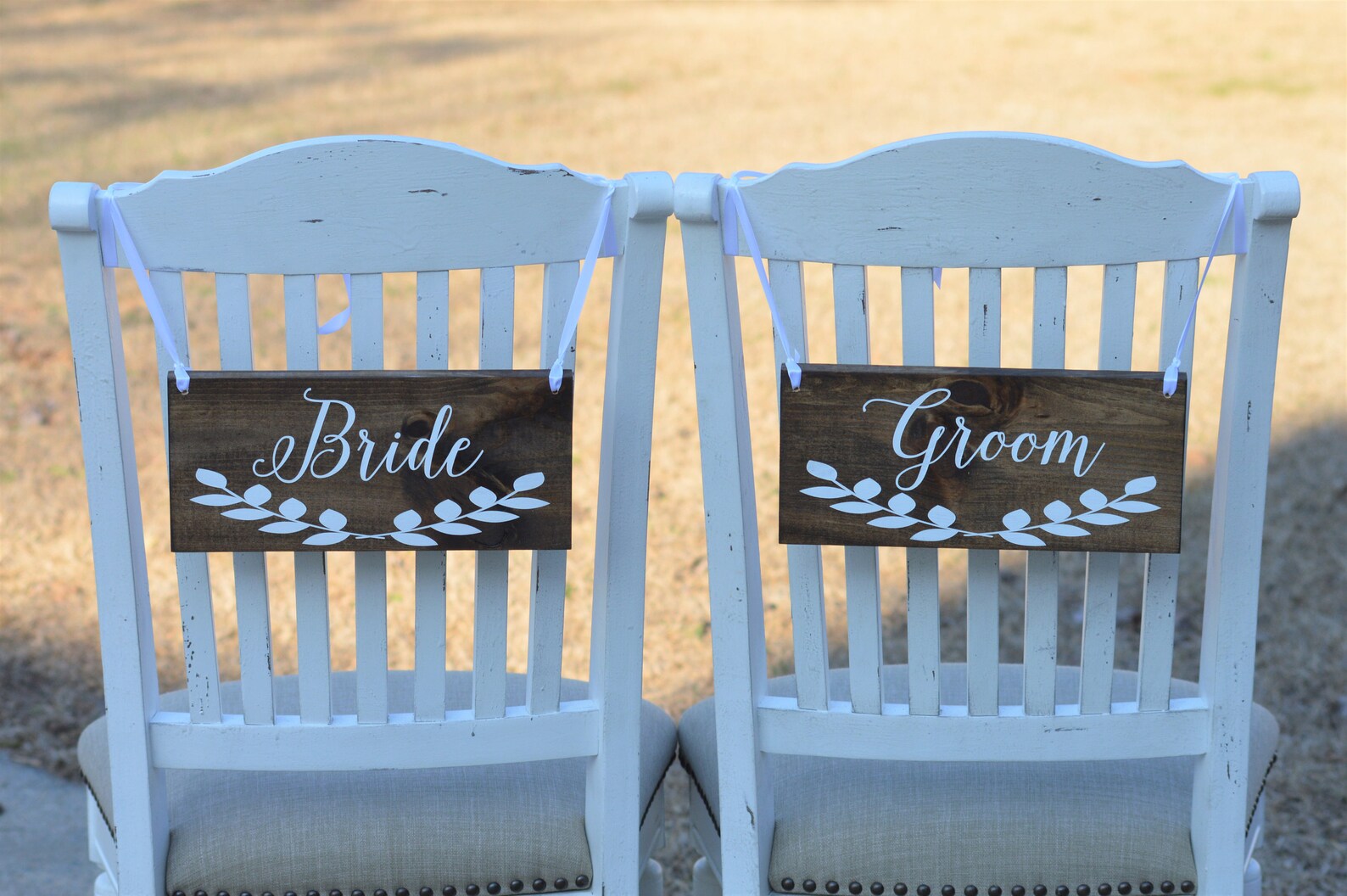 Rustic Wedding Chair Signs Bride and Groom Sign Greenery - Etsy