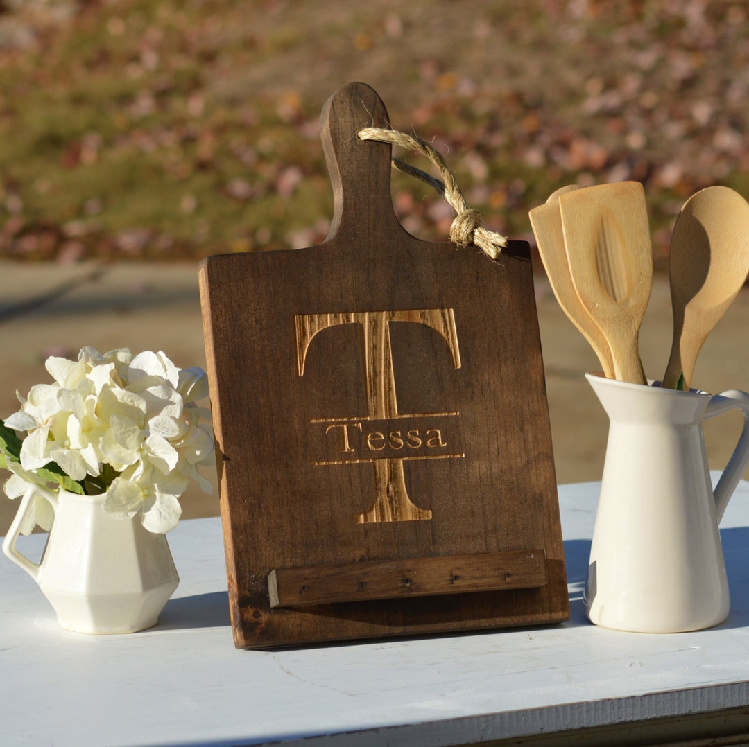 Personalized Recipe Book Stand, Farmhouse Kitchen Tablet Holder, Rustic ...