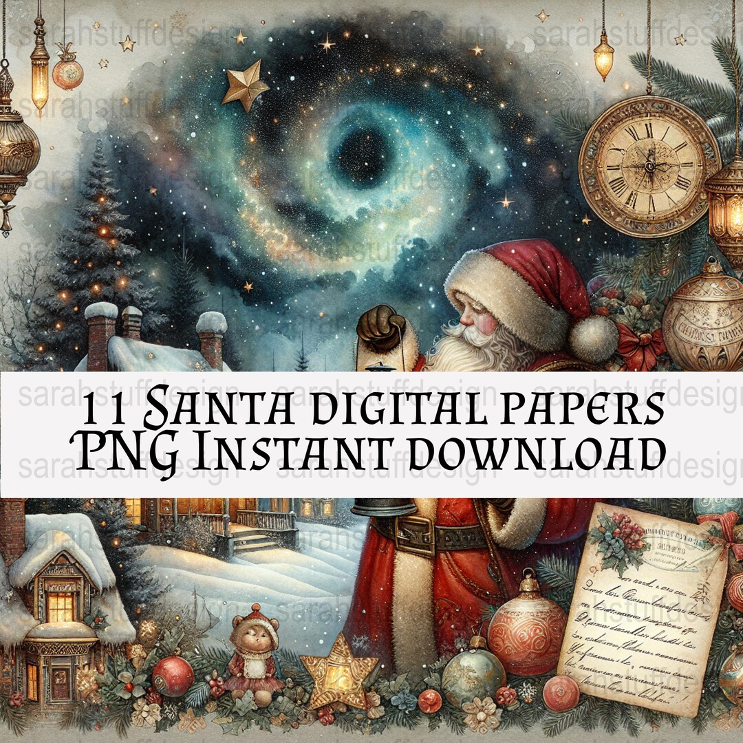 Vintage Santa Digital Paper, Christmas Scrapbook Paper, Instant ...