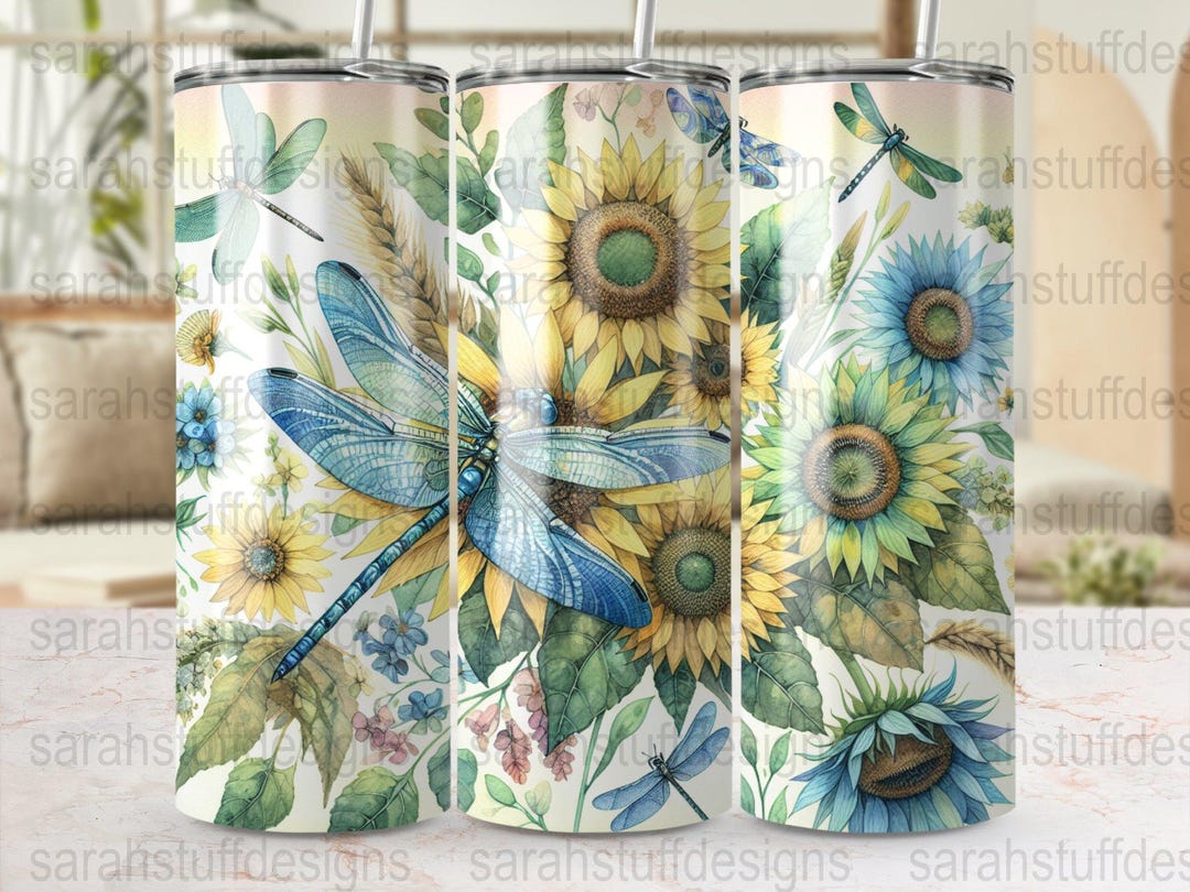 Dragonfly and Sunflower Digital Art Print, Nature Botanical ...