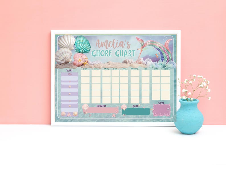 Mermaid Chore Chart Printable for Kids, Editable Canva Template ...