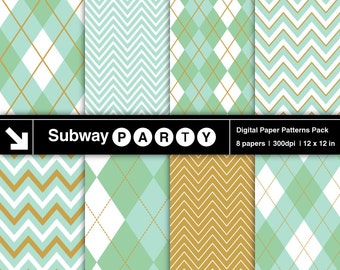 Mint Gold and White Chevron Digital Papers Pack. Pastel | Etsy