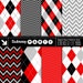 Red Black Grey and White Argyle and Chevron Digital Papers. | Etsy