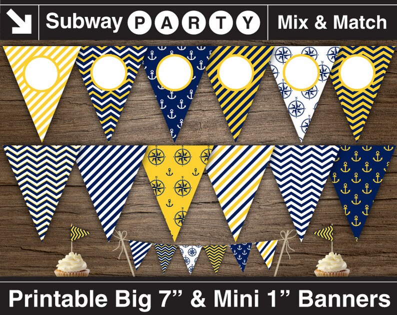 Printable Navy Yellow Nautical Party Banner and Mini Cake | Etsy