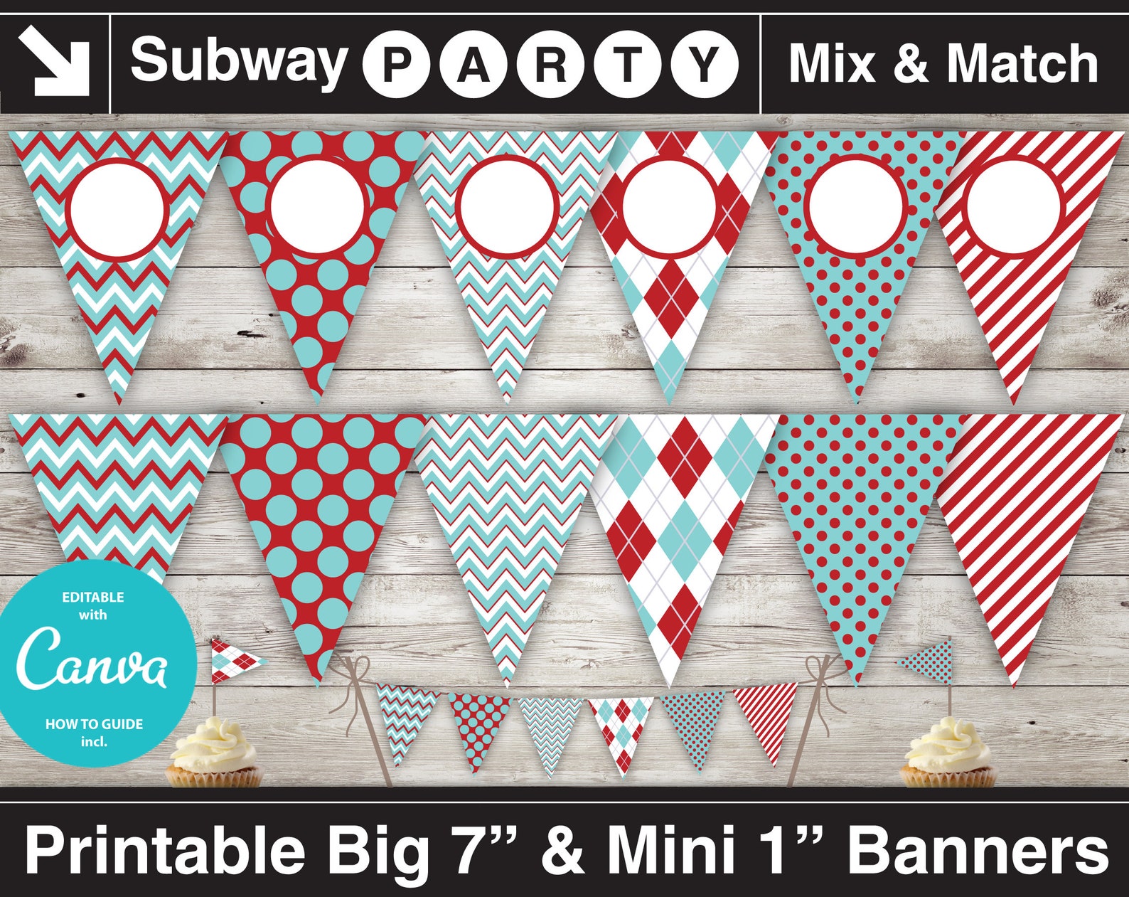 Aqua Blue, Red Printable Birthday Party Banner & Mini Cake Bunting ...