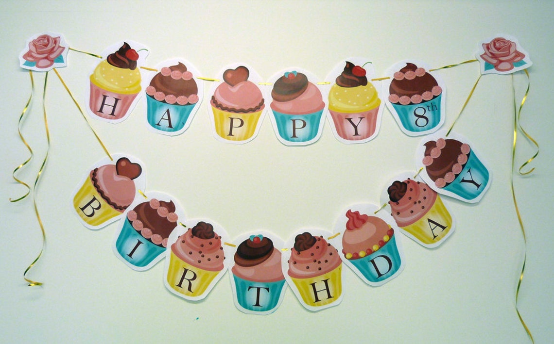 Printable Cupcake Party Banner. Happy Birthday Garland. Chocolate and ...