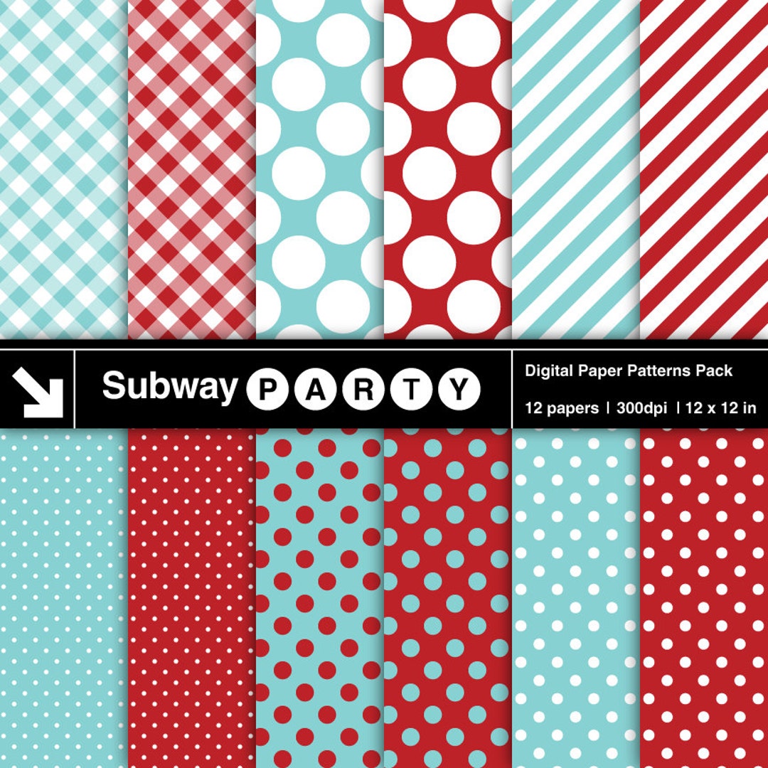 Aqua Blue, Dark Red, White Polka Dots, Stripes & Gingham Digital Papers ...