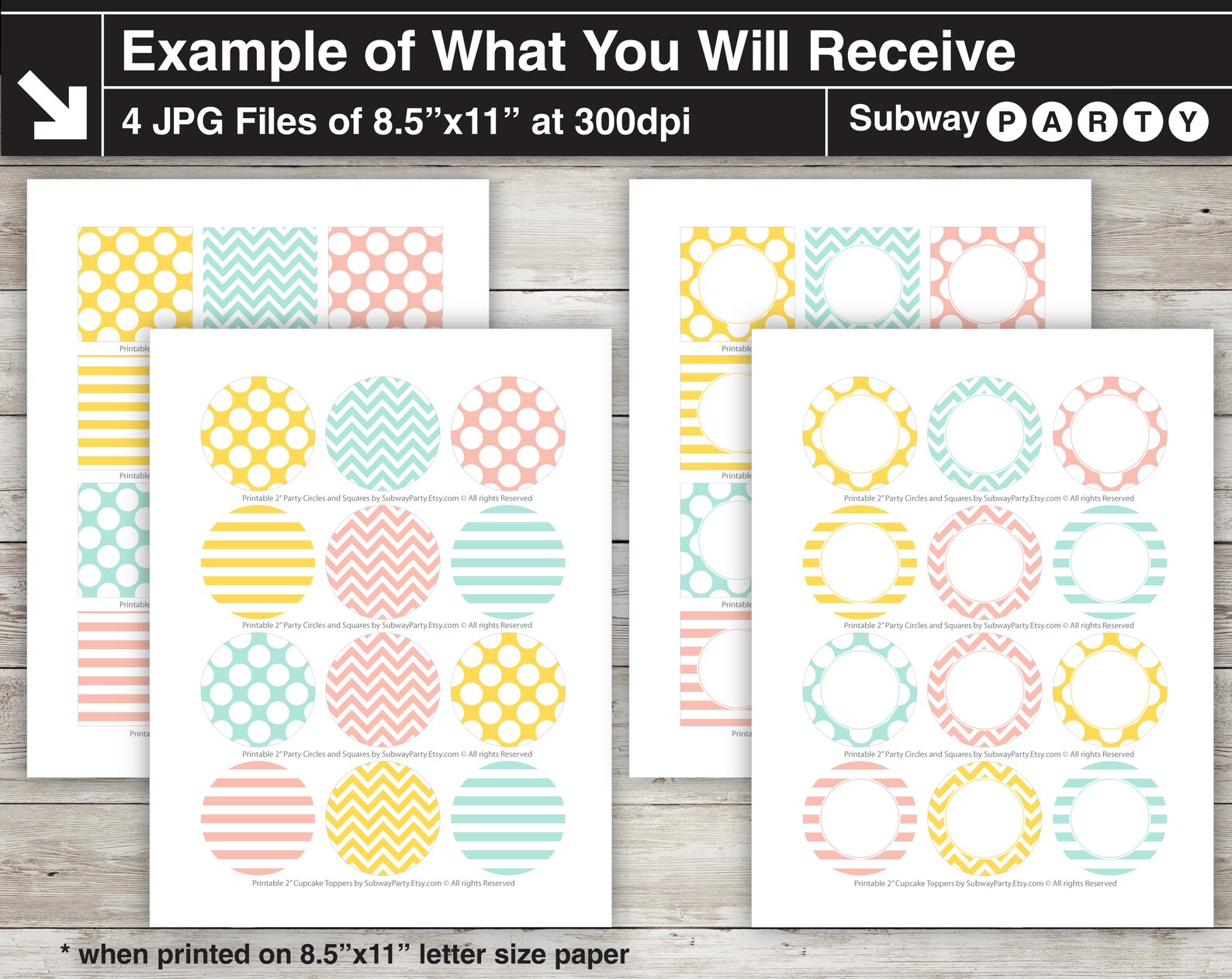 Yellow Mint Coral Printable Party Circles and Squares / Cupcake Toppers ...