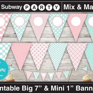 Pink and Mint Printable Party Banner & Mini Cake Bunting. Girly Shabby ...