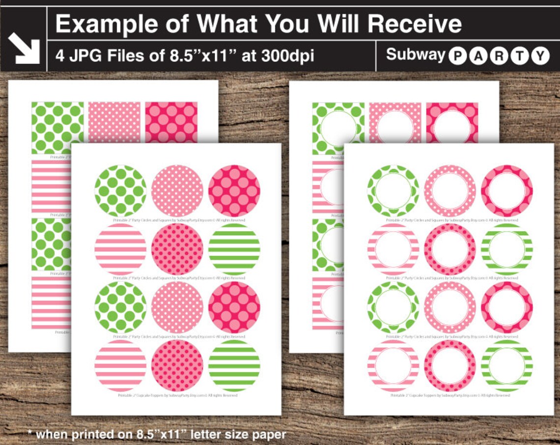 Strawberry Pink & Green Cupcake Toppers, Party Circles and Squares 2 ...