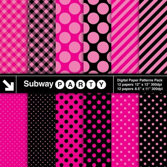 Pink Monsters Digital Papers Pack in Hot Pink & Black Polka Dot ...