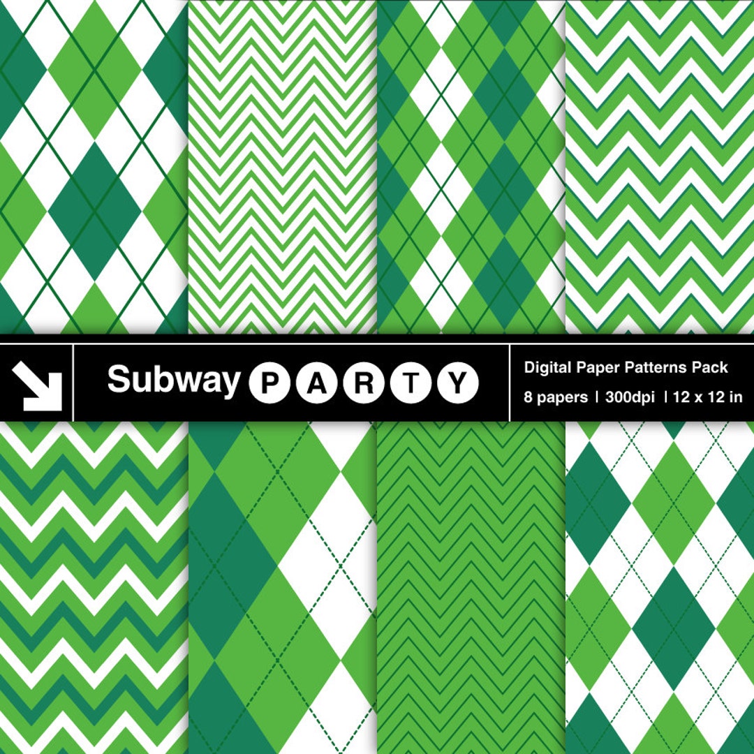Emerald, Green & White Chevron and Argyle Digital Papers Pack ...