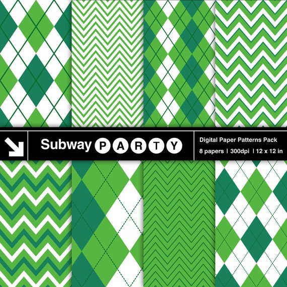 Emerald, Green & White Chevron and Argyle Digital Papers Pack ...