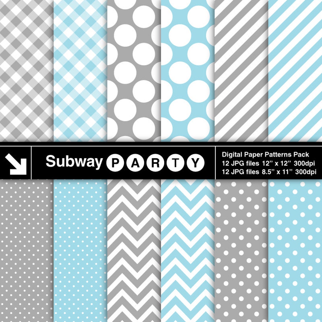 Baby Blue and Grey Chevron, Polka Dots, Stripes & Gingham Digital ...
