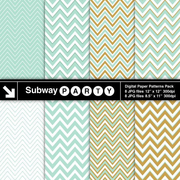 Mint Gold and White Chevron Digital Papers Pack. Pastel - Etsy