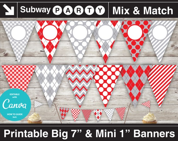 Red and Gray Printable Party Banner & Mini Cake Bunting. Argyle ...