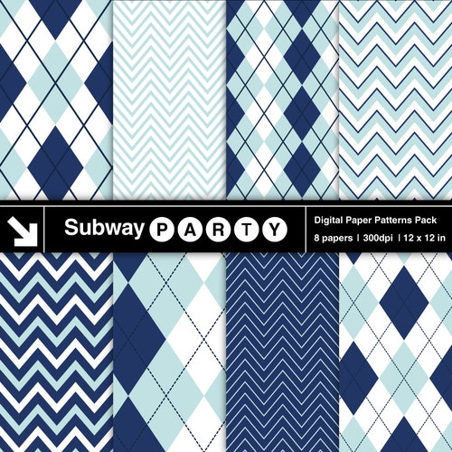 Navy Blue and Green Mint Digital Papers Pack in Chevron and - Etsy