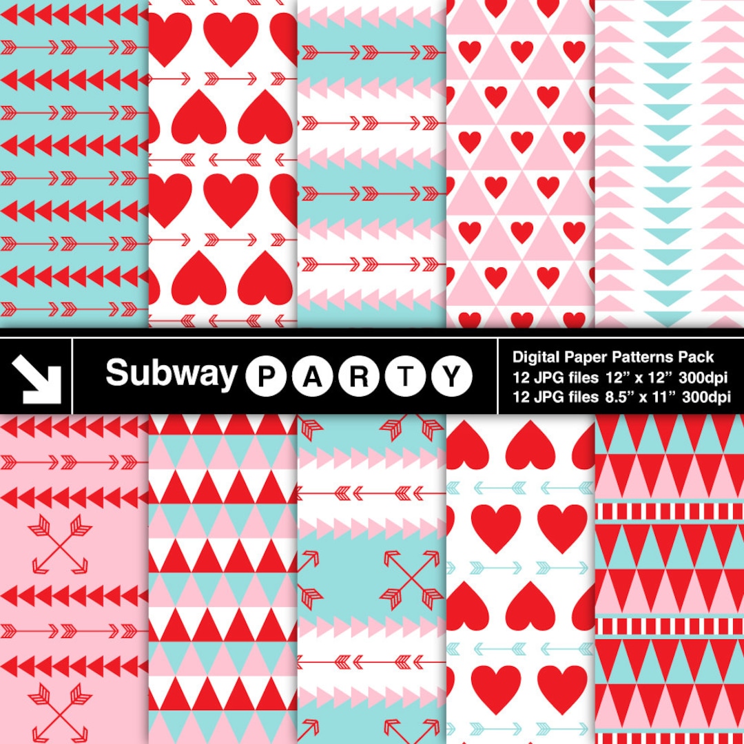 Tribal Style Valentine's Day Digital Papers. Pink Aqua Blue Red Hearts ...