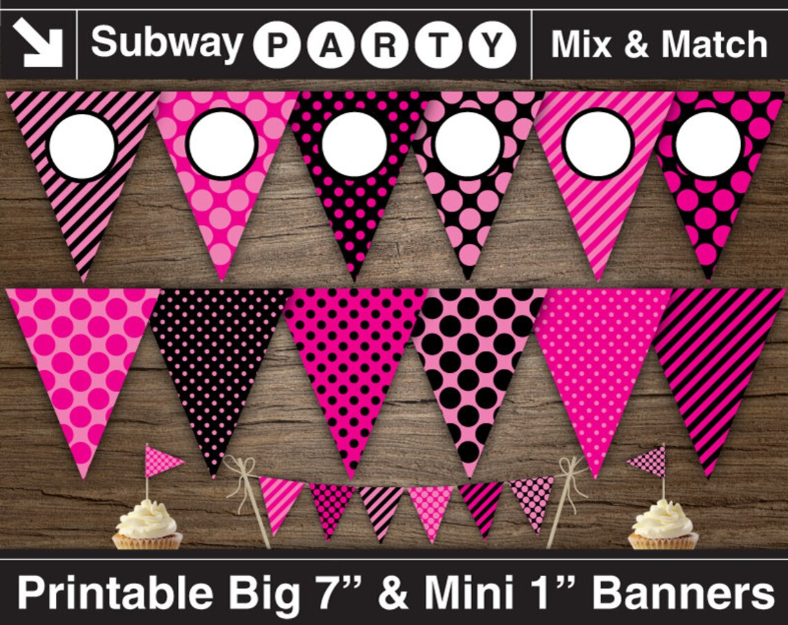 Hot Pink and Black Printable Party Banner & Mini Cake Bunting. | Etsy
