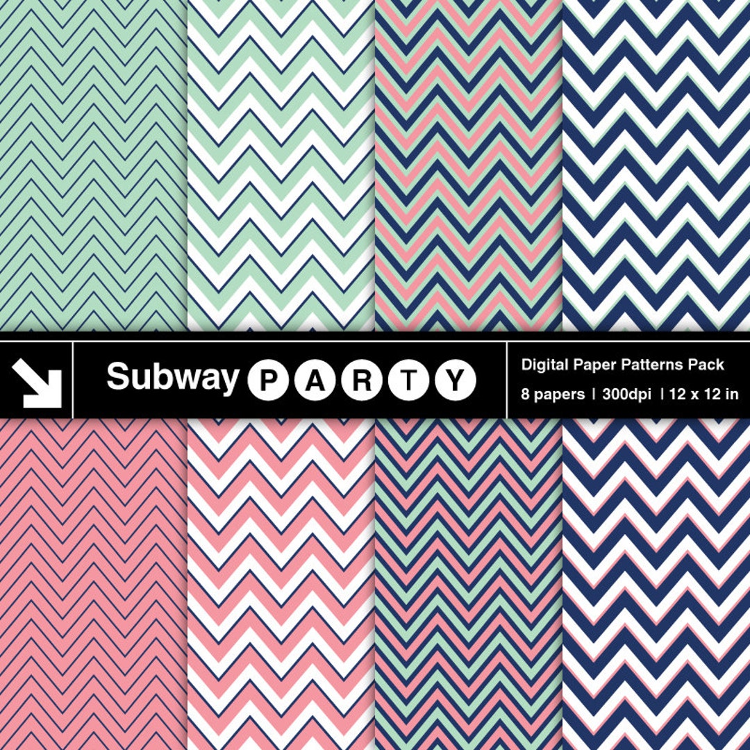 Navy Blue, Mint and Coral Pink Digital Papers Pack in Chevron Patterns ...