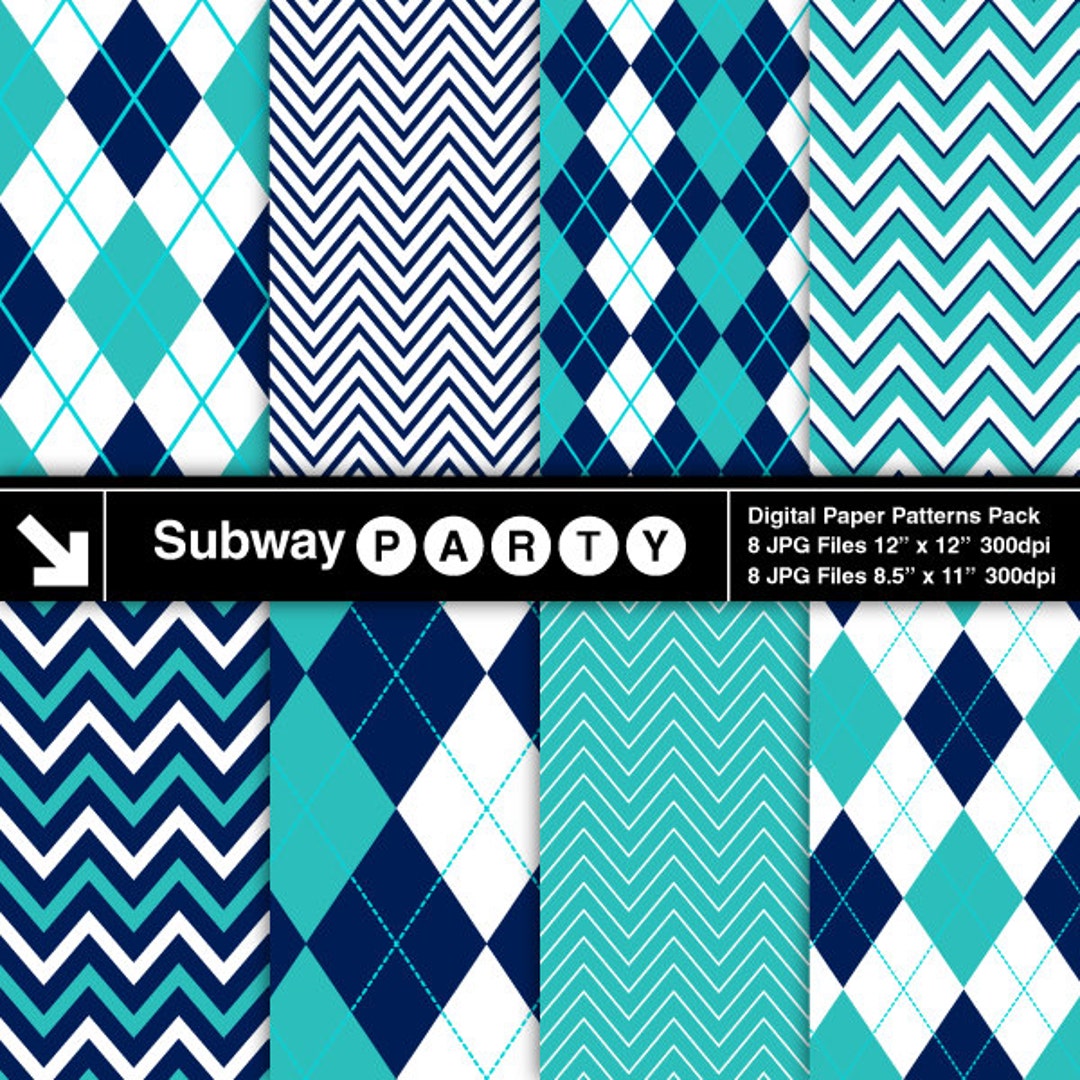 Navy Blue Turquoise Digital Papers in Chevron and Argyle. Scrapbook ...