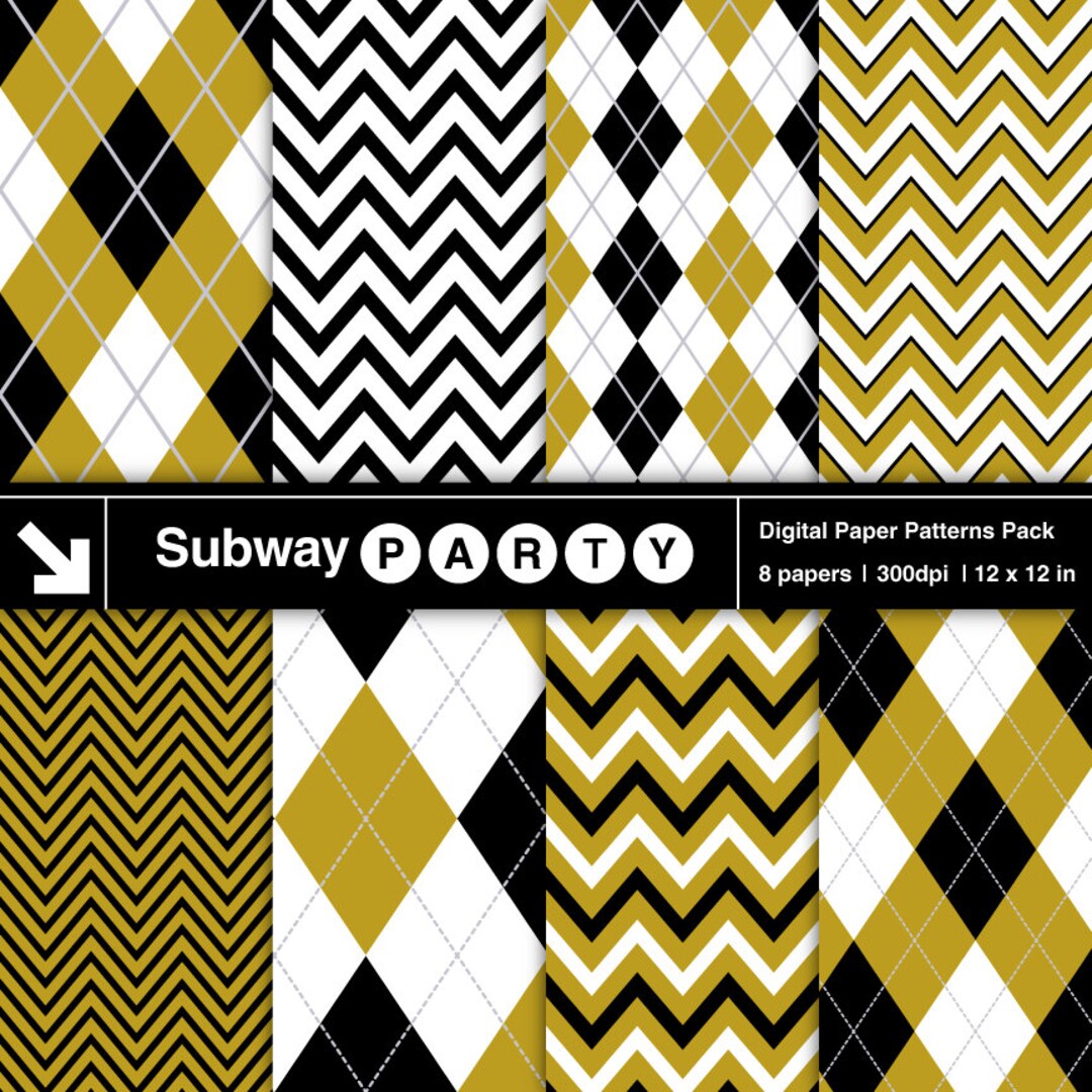 Gold, Black and White Chevron and Argyle Digital Papers Pack. Party ...