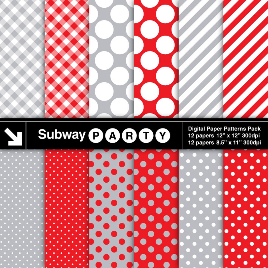 Red Gray White Polka Dot, Gingham & Stripes Digital Papers. Party ...