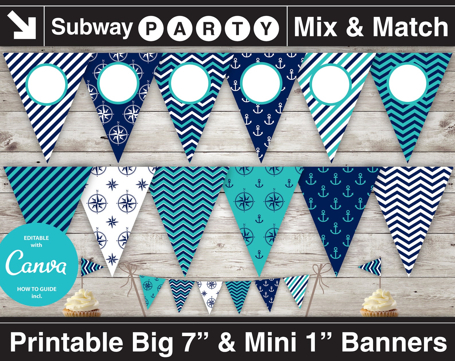 Turquoise and Navy Blue Nautical Party Printable Banner and - Etsy