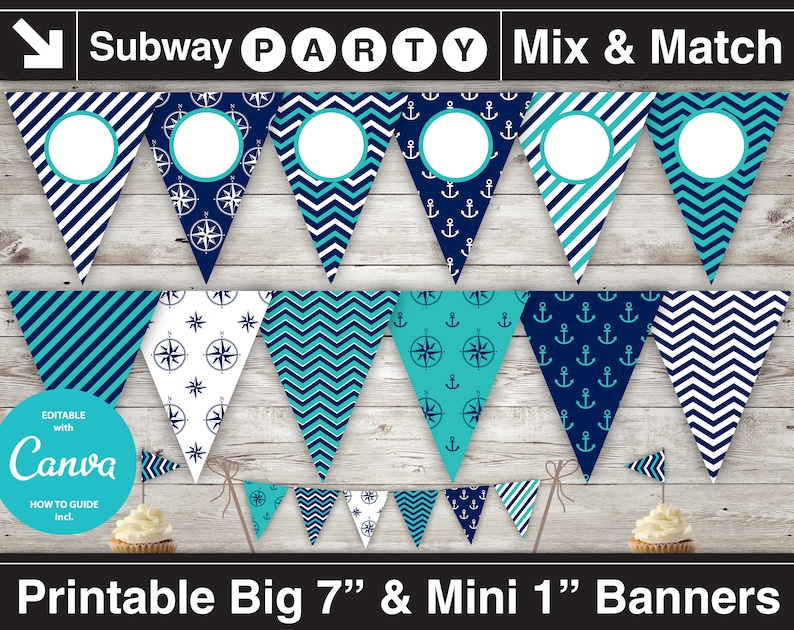 Turquoise and Navy Blue Nautical Party Printable Banner and - Etsy